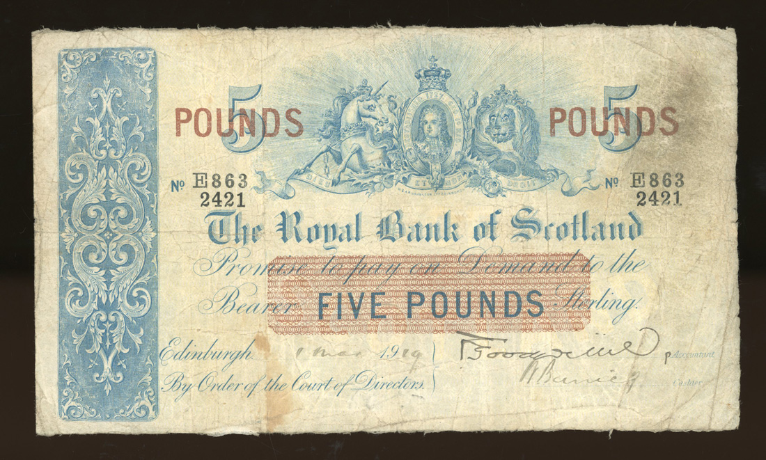 Royal Bank of Scotland, £5, 1919, serial number E 863/2421, (PMS RB57c ...