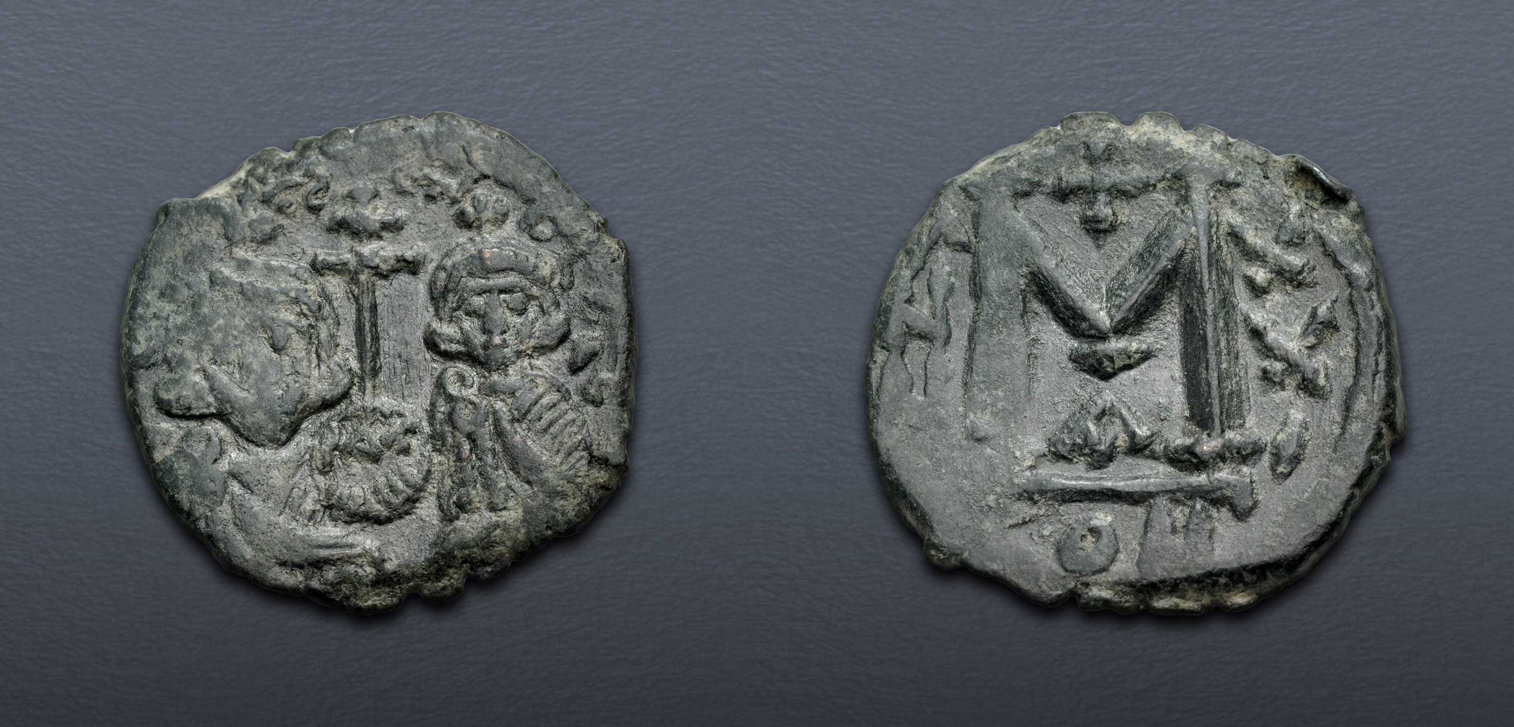 Justinian II, with Tiberius. Second reign, 705-711. Æ Follis (18.5mm, 2 ...