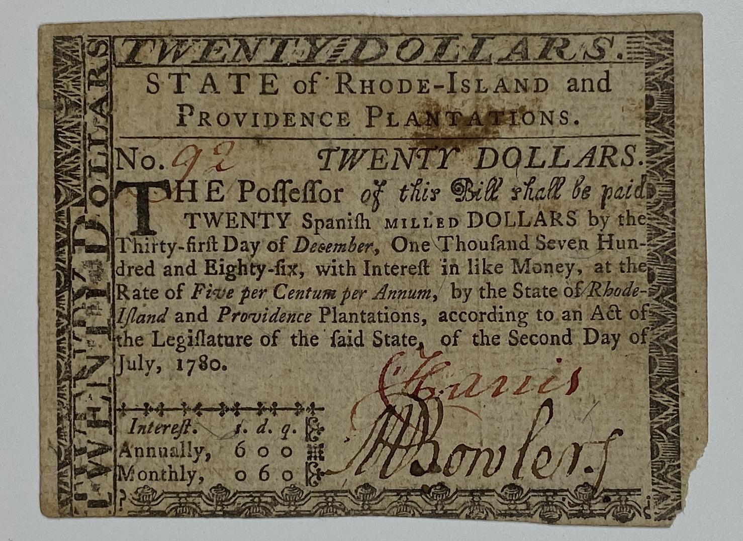 Colonial. Rhode Island, Issue of 2 July 1780. Twenty Dollars. Fr. RI ...