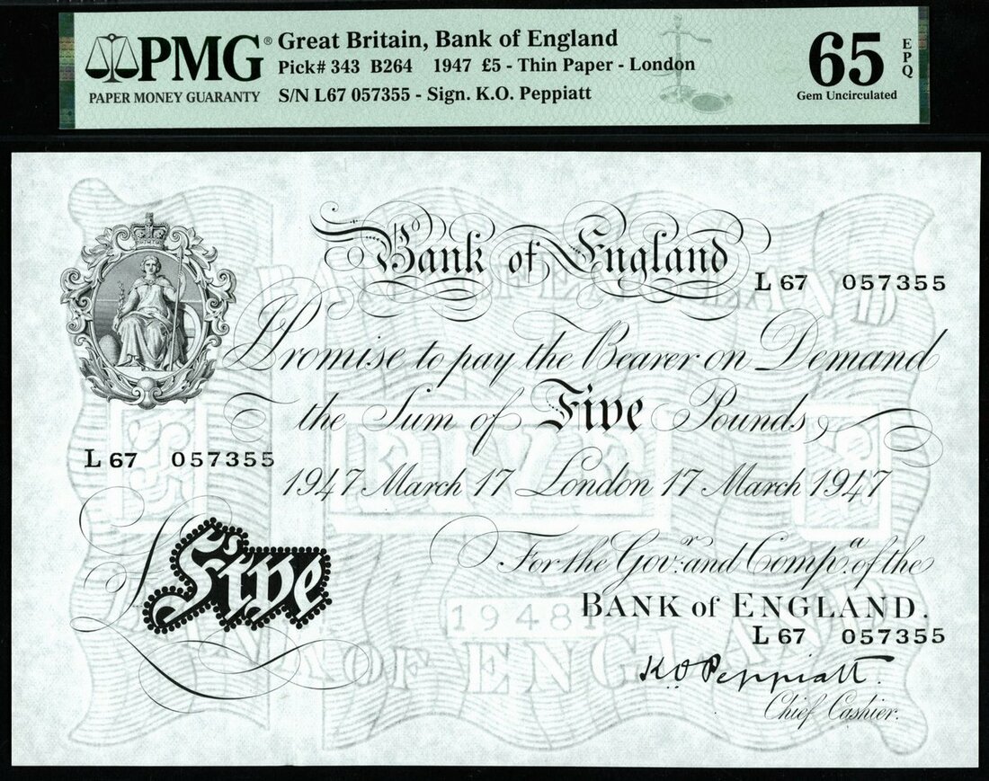 Bank of England, Kenneth Oswald Peppiatt, £5, London, 17 March 1947 ...