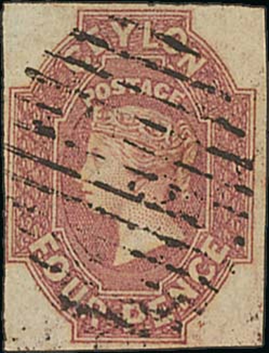 Ceylon 1857-59 4d. dull rose with close to good margins (just touching ...