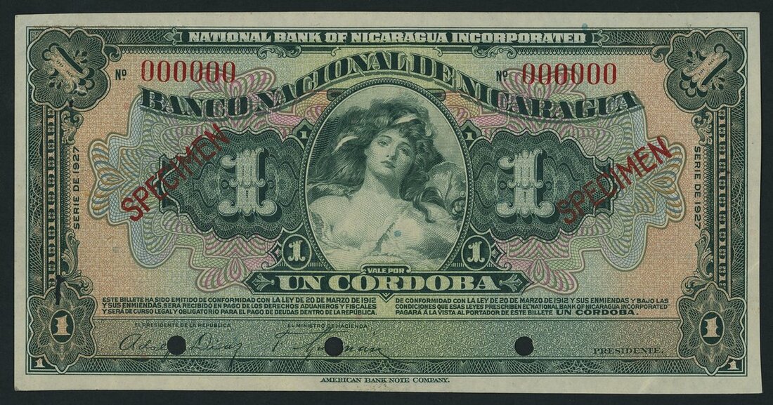 Banco Nacional de Nicaragua, specimen 1 Cordoba, 1927, serial number ...