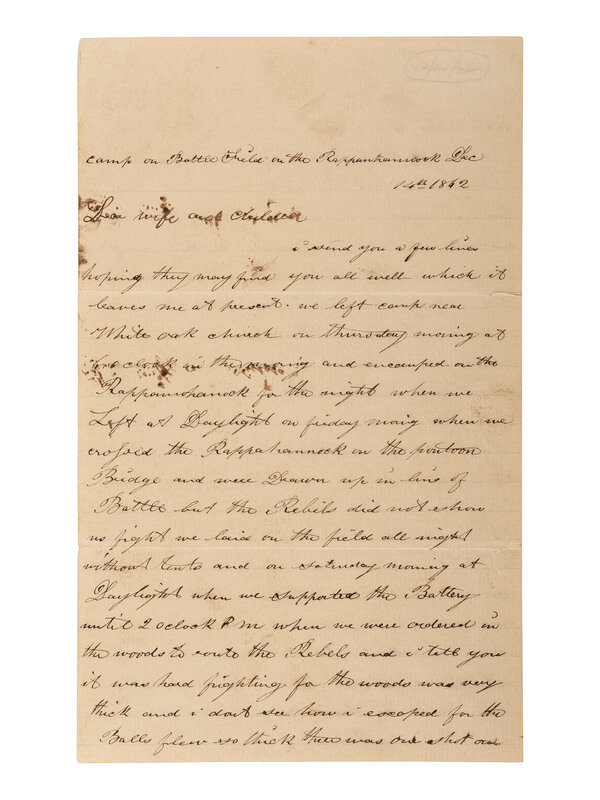 [CIVIL WAR]. Soldier\'s letter describing the Battle of Fredericksburg ...