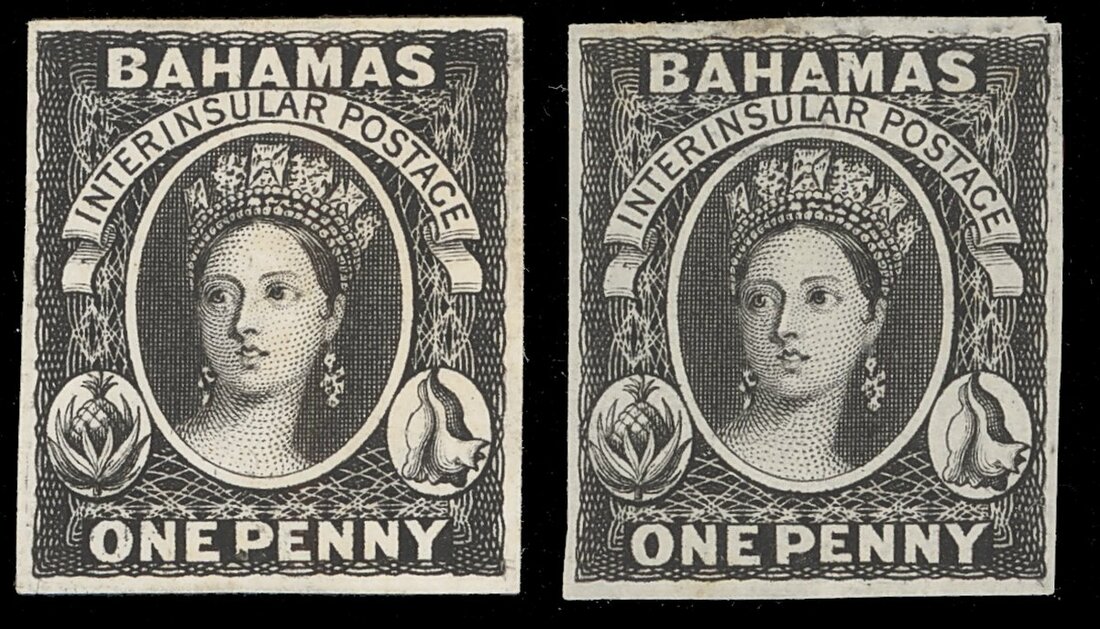 Bahamas 1859 (10 June) One Penny, Imperforate Plate Proofs Two single ...