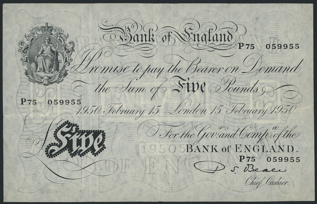 Bank of England, P. S. Beale, £5, London, 15th February 1950, serial ...