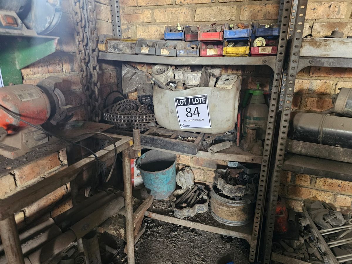 LOT OF TWO (2) STEEL RACKS WITH TABLE & VARIOUS WORKSHOP SPARES | Panabid