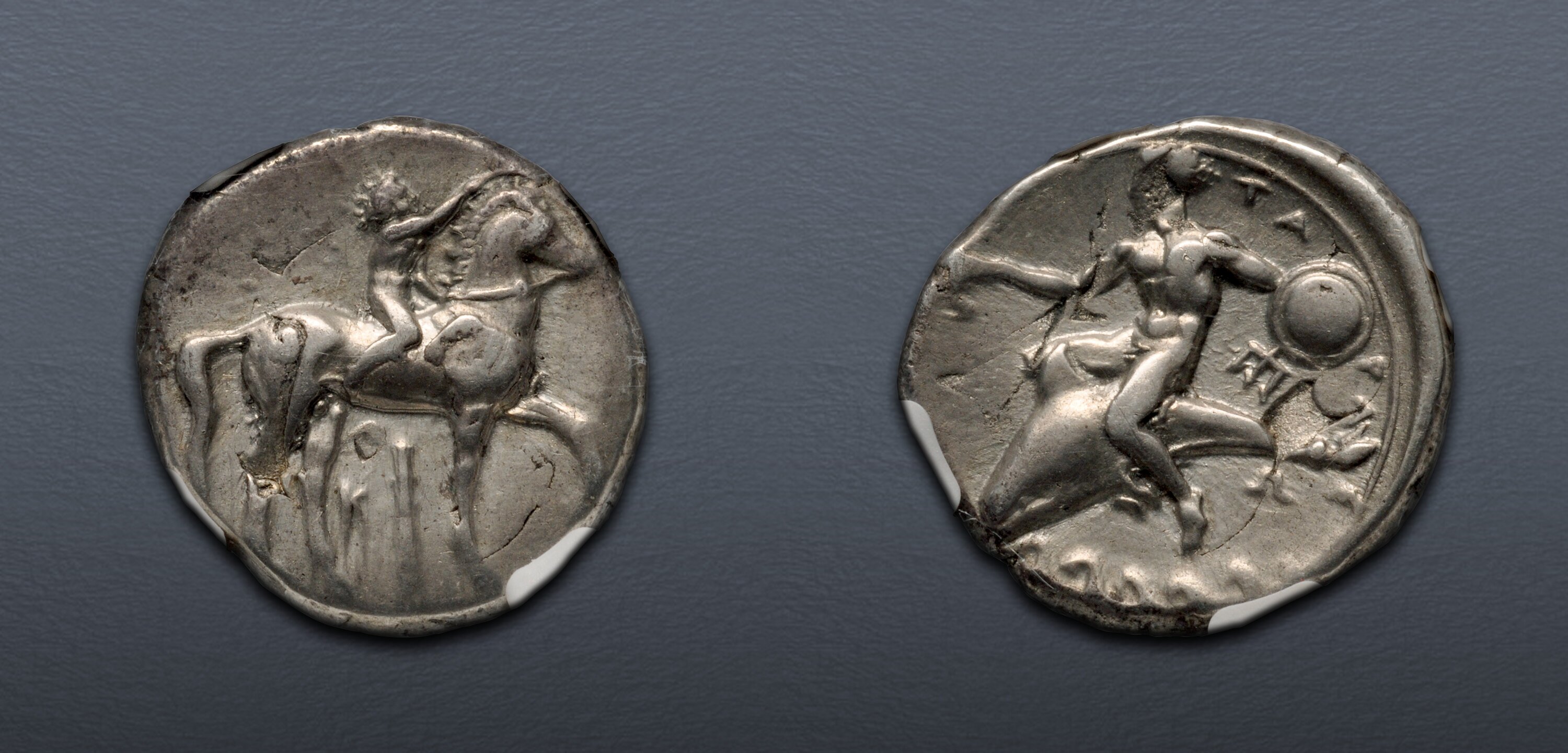 CALABRIA, Tarentum. Circa 344-340 BC. AR Nomos (20mm, 7.83 g, 5h). NGC ...
