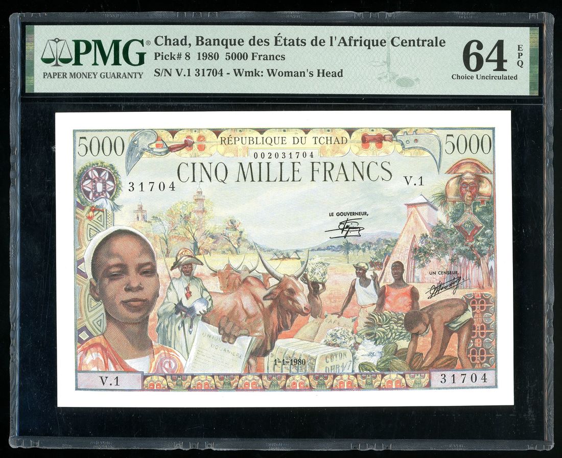 Banque des Etats de l'Afrique Centrale, Chad, 5000 francs, 1980, serial ...