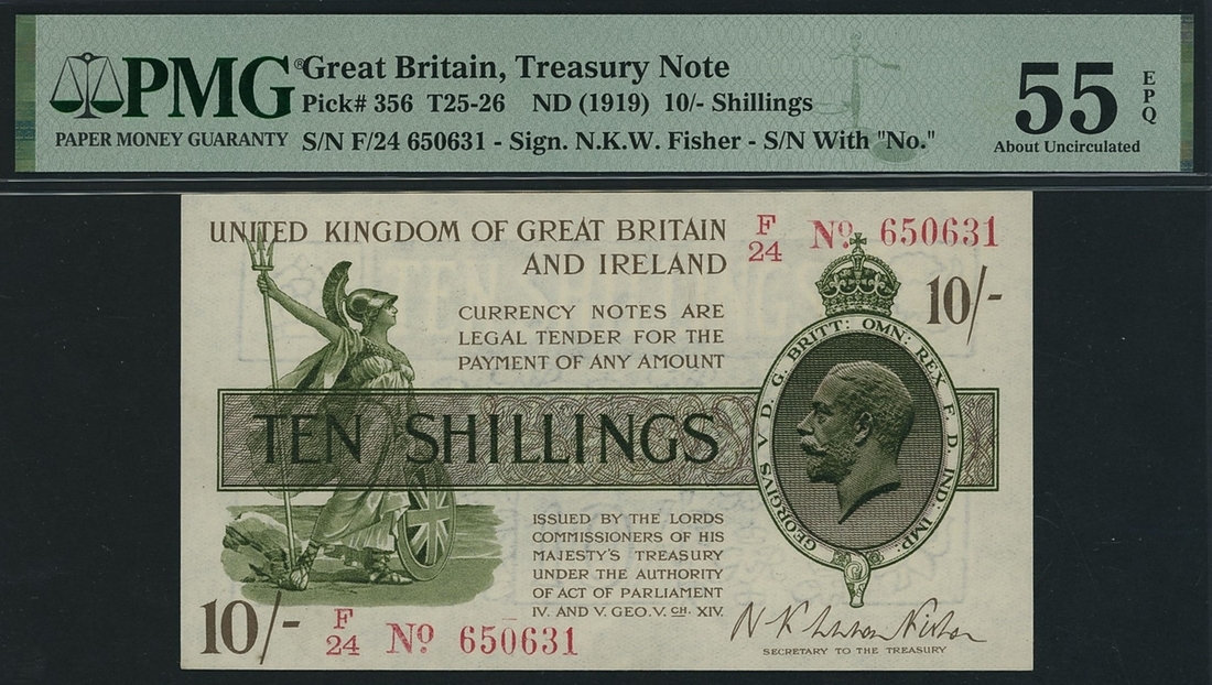 Treasury Series, N. F. W. Fisher, 10 Shillings, ND (1919), red dot ...
