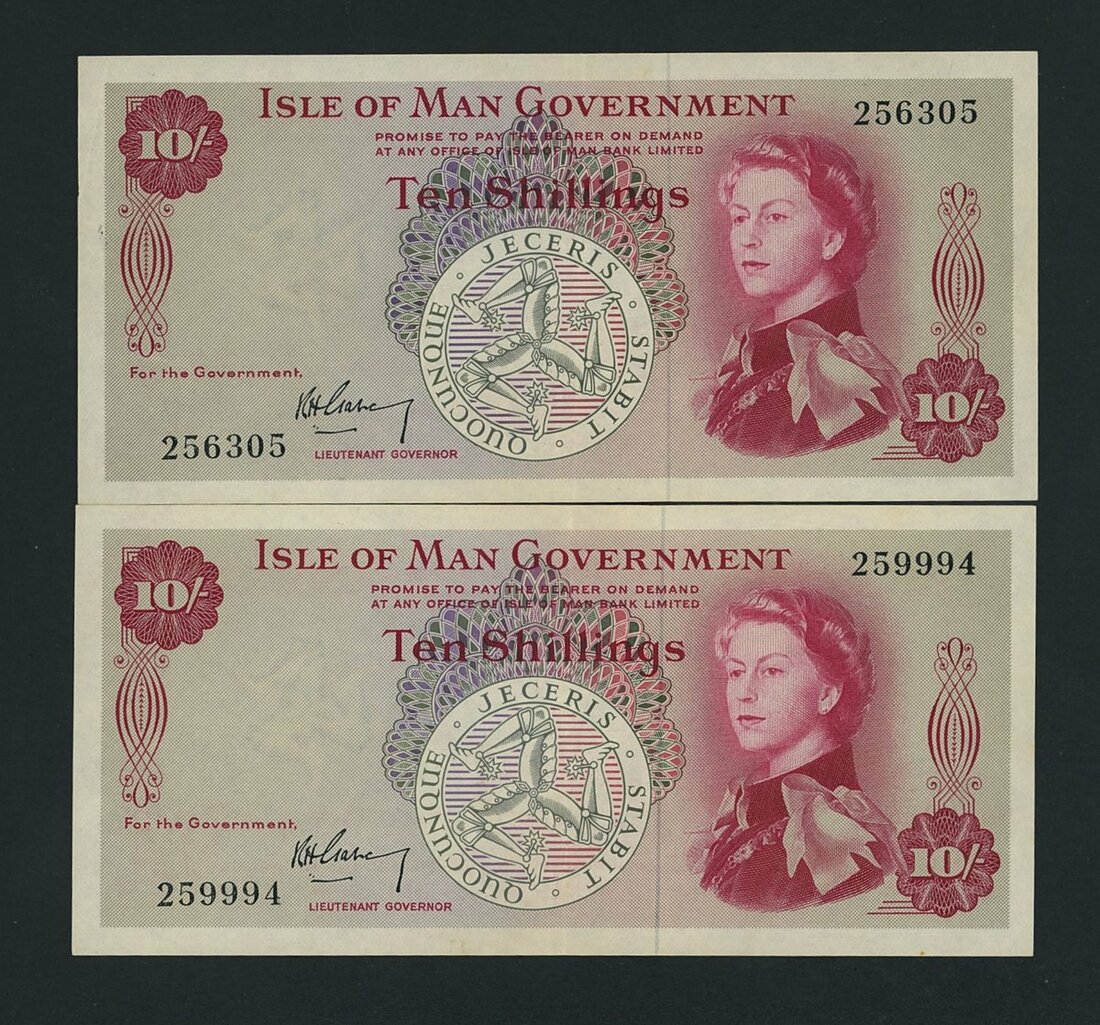 Isle of Man Government, [2 notes] 10/- Shillings, ND (1961), serial ...