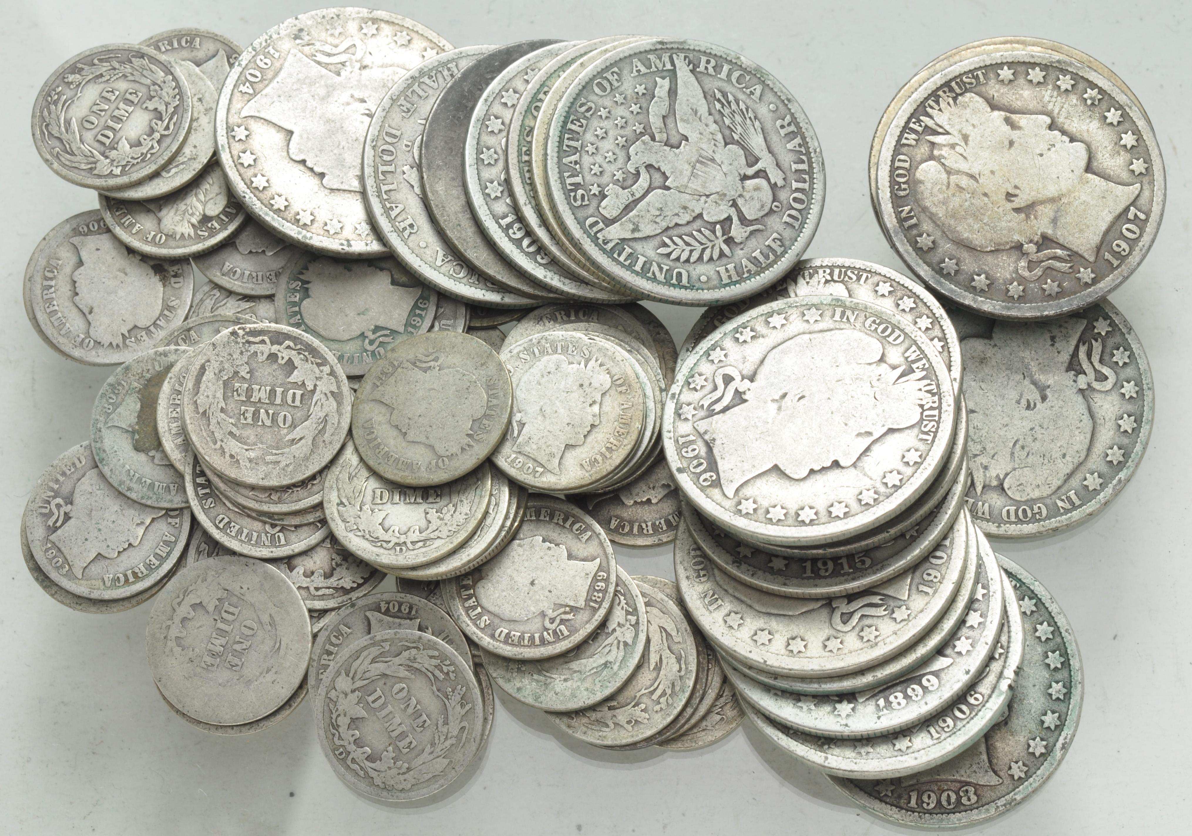 Lot of Barber Coins. Average circulated. A variety of dates and mints ...
