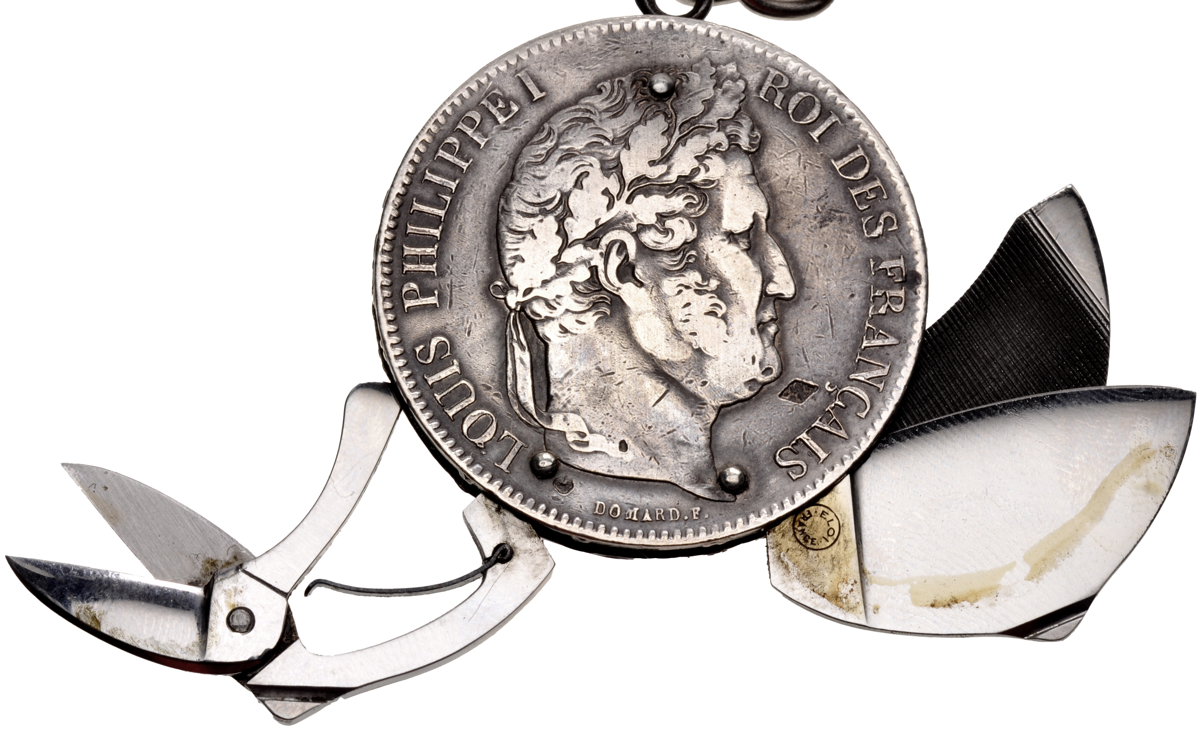 Three-blade knife with scissors. Made from an 1832 French 5 Francs. By ...