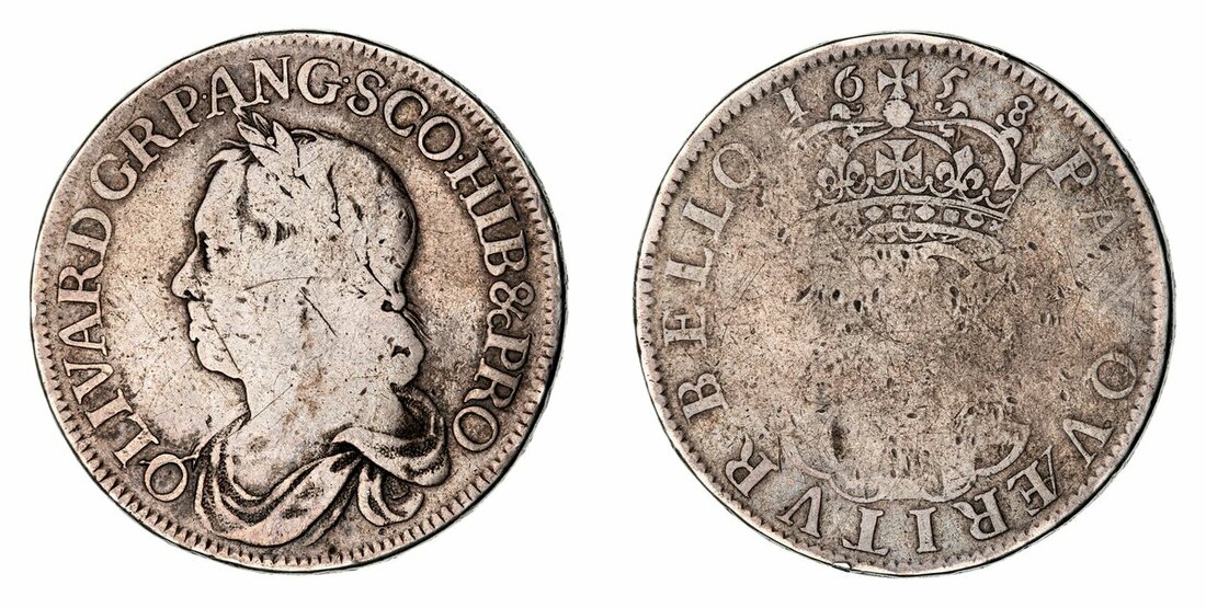 Oliver Cromwell, Crown, 1658 over 7, Tower, by Thomas Simon, OLIVAR • D ...