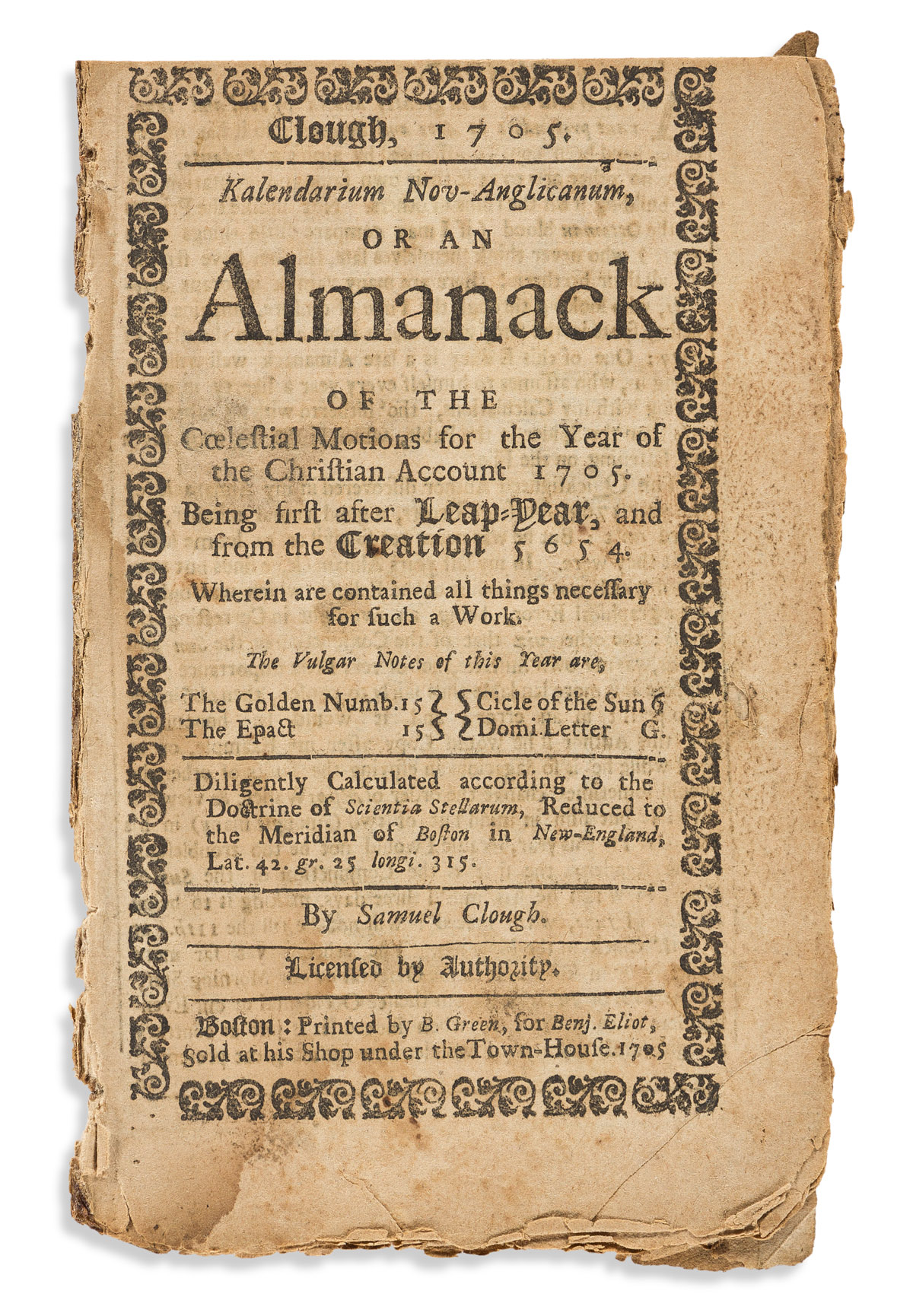 (EARLY AMERICAN IMPRINT.) Samuel Clough. Kalendarium Nov-Anglicanum, or ...