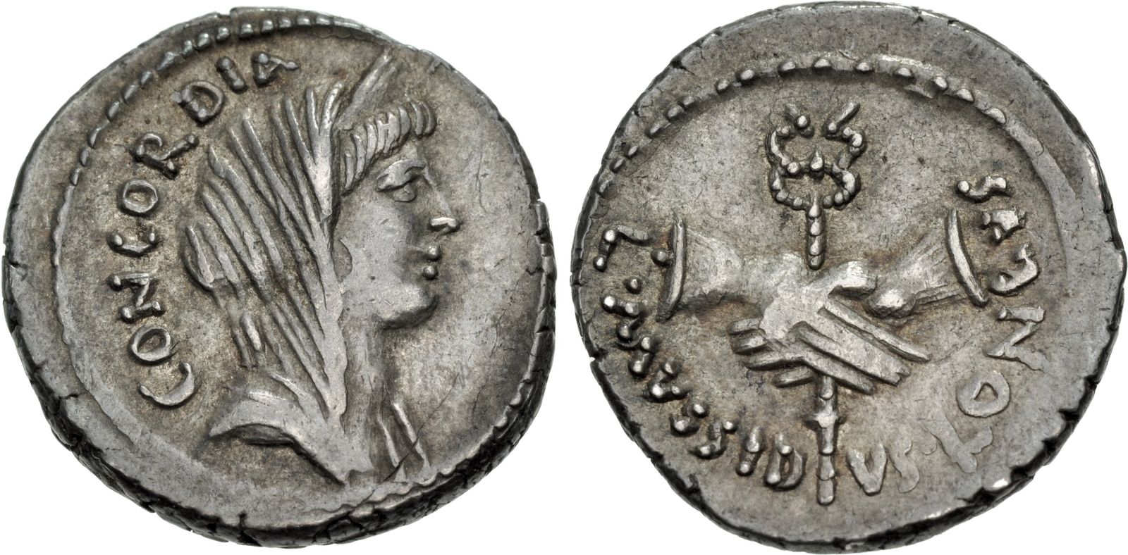 Moneyer issues of Imperatorial Rome. L. Mussidius Longus. 42 BC. AR ...