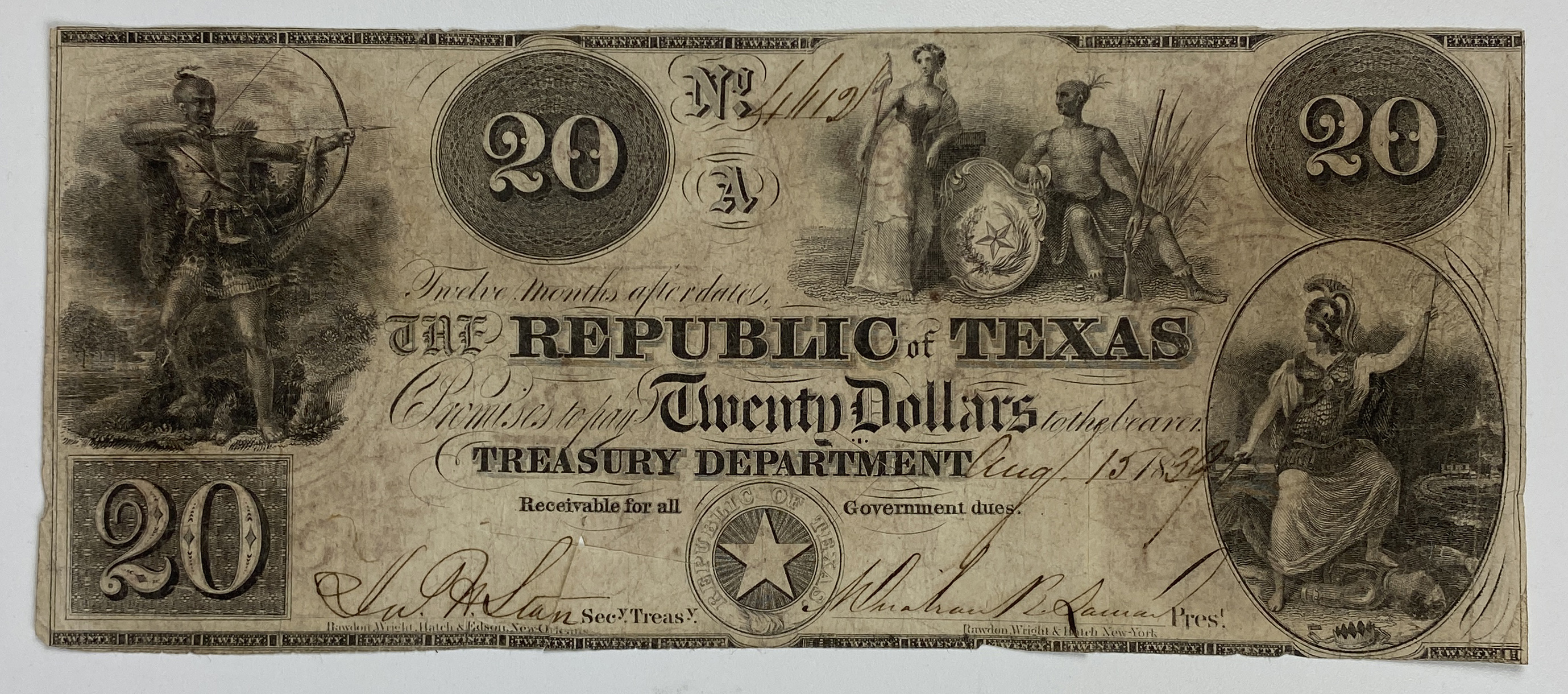 Obsolete. Austin, Texas. Republic of Texas $20. August 15, 18398. TX Cr ...