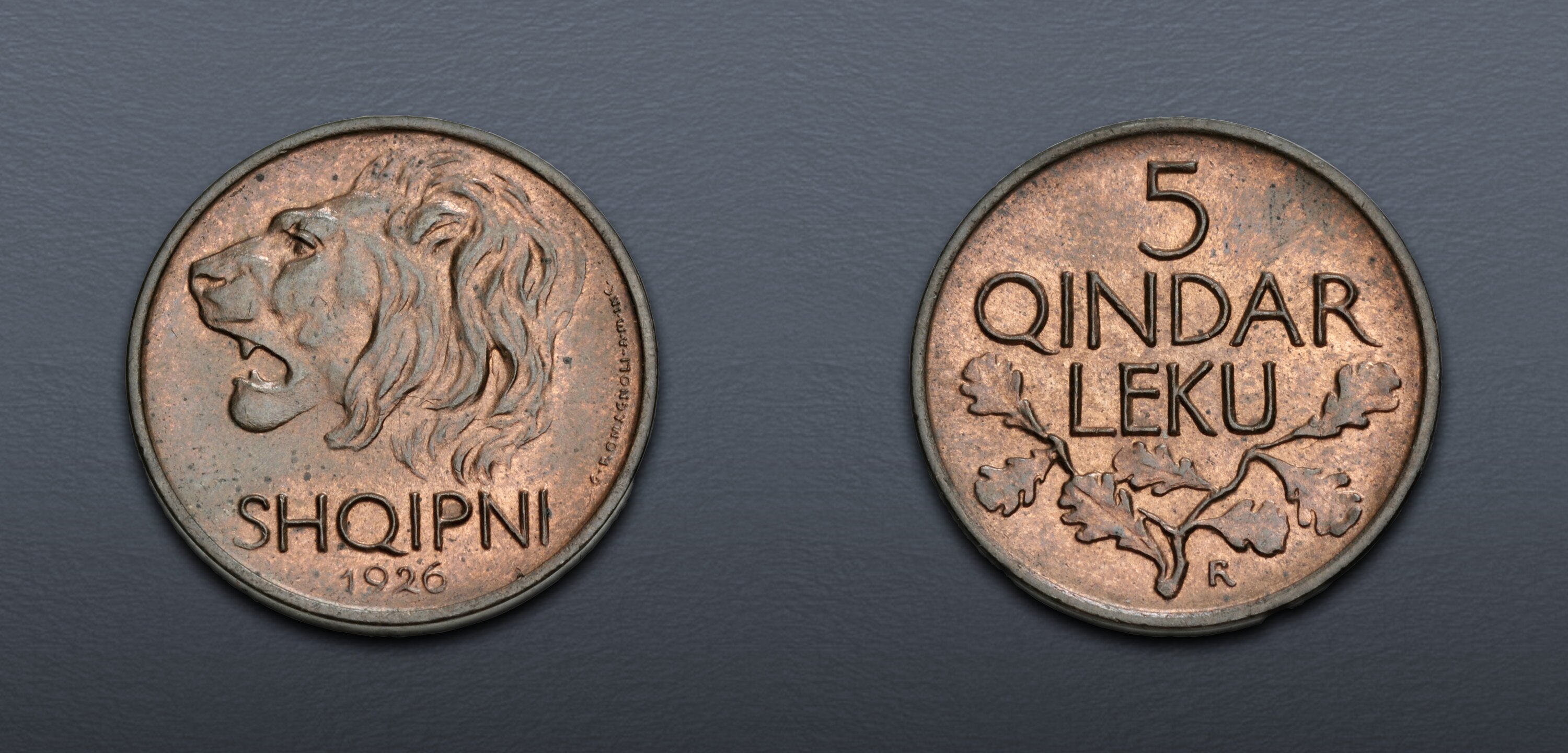 ALBANIA, Republic of Albania. 1925-1928. CU 5 Qindar Leku (18mm, 2.78 g, 6h). Rome mint. Dated ...