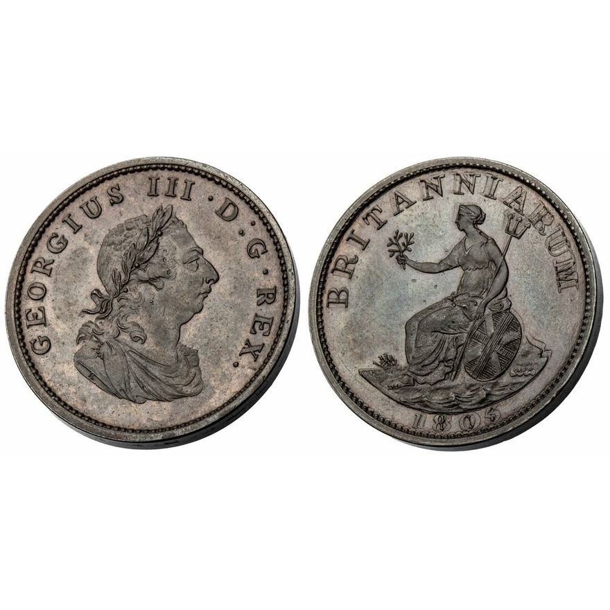 George III (1769-1820), Bronzed Restrike Pattern Farthing, 1805, late ...