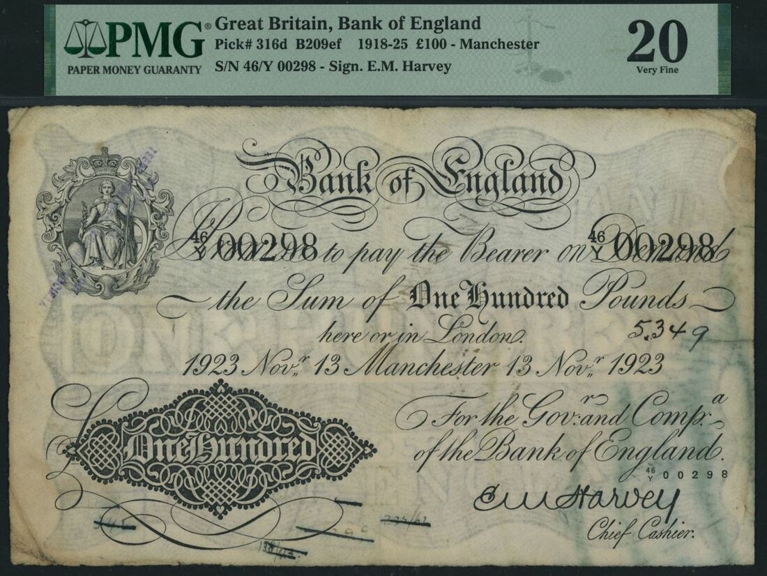 Bank of England, E. M. Harvey, £100, Manchester, 13th November 1923 ...