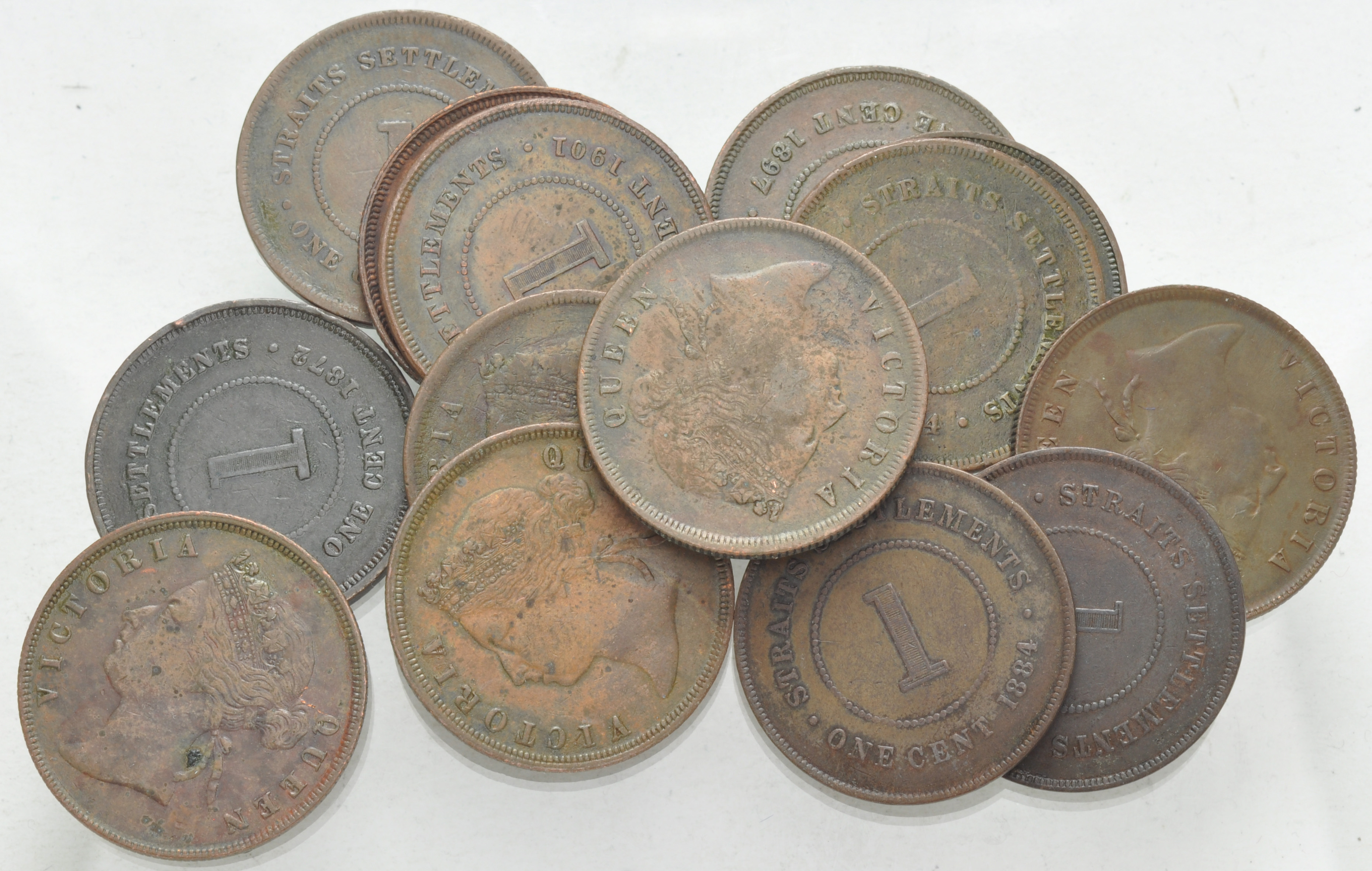 WORLD. Malaysia. Lot of fourteen (14) Straits Settlements One Cents ...