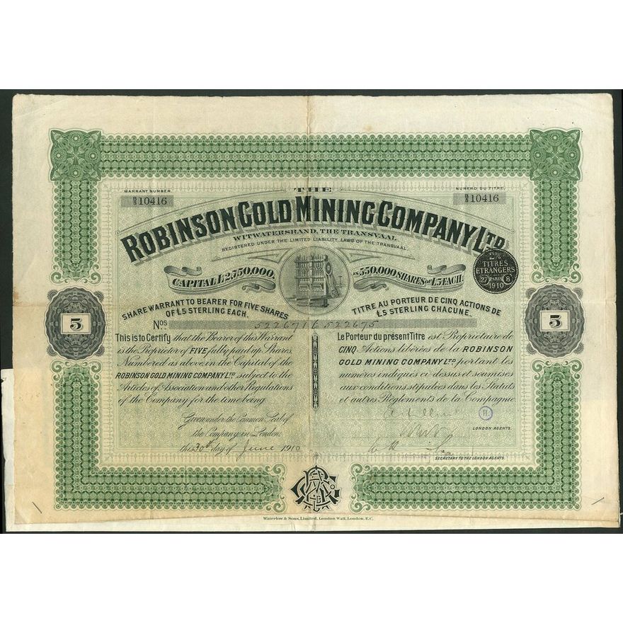 South Africa: Robinson Gold Mining Company Ltd., 5 shares to bearer of ...