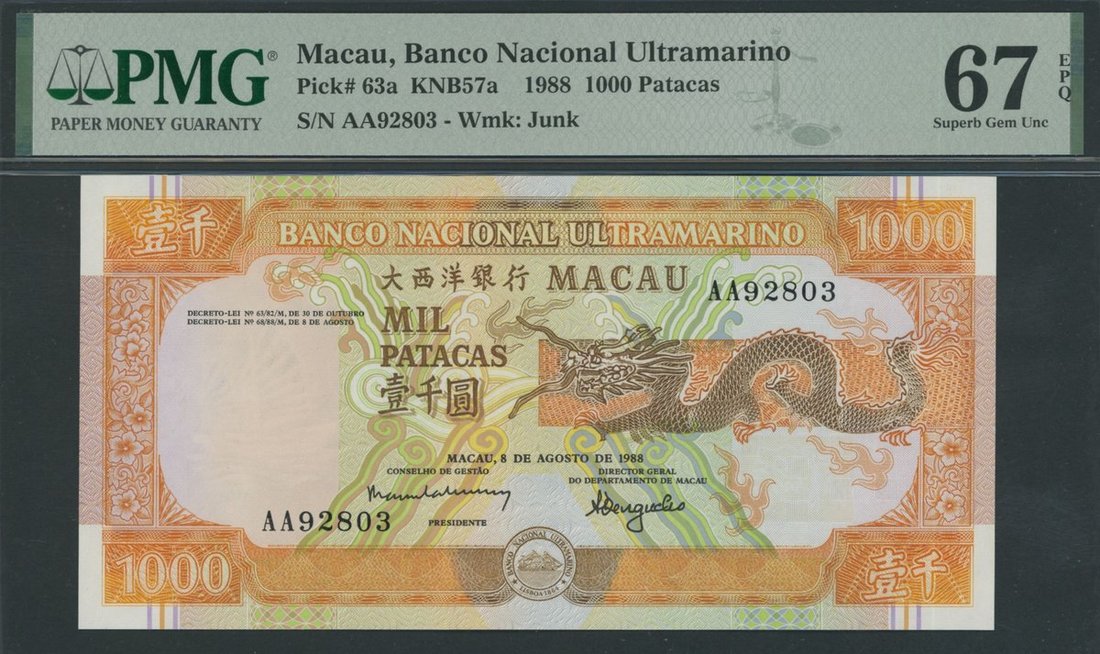 Banco Nacional Ultramarino, Macau, 1000 Patacas, 8th August 1988 ...