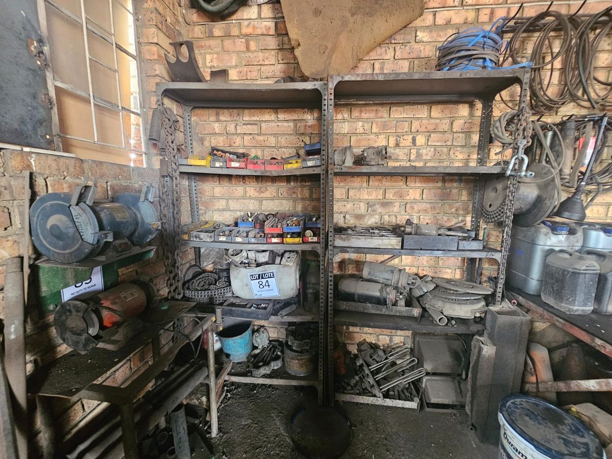 LOT OF TWO (2) STEEL RACKS WITH TABLE & VARIOUS WORKSHOP SPARES | Panabid