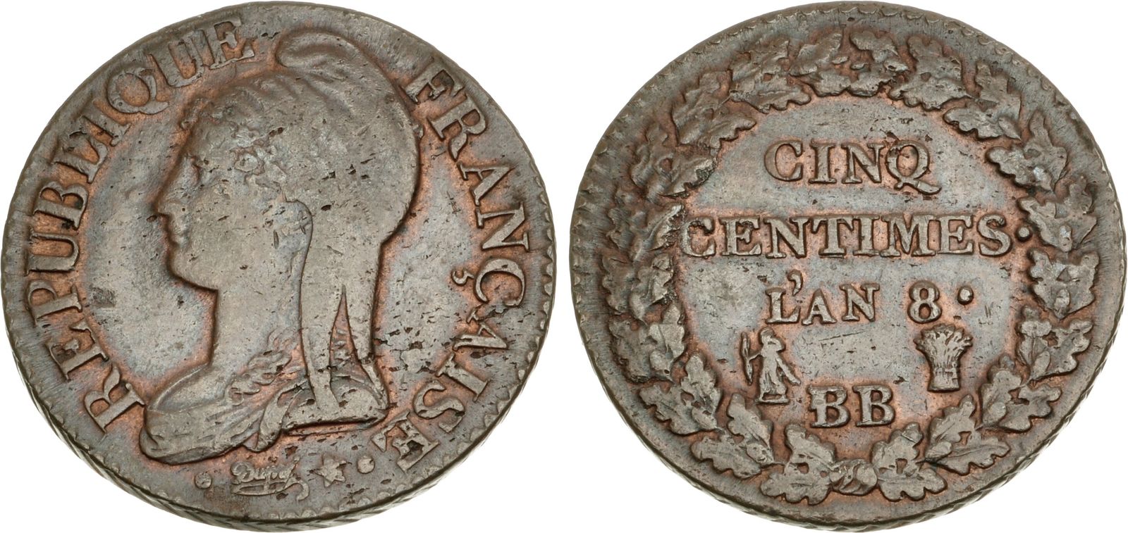 FRANCE, First Republic. Directory. 1795-1799. CU 5 Centimes (28mm, 10. ...