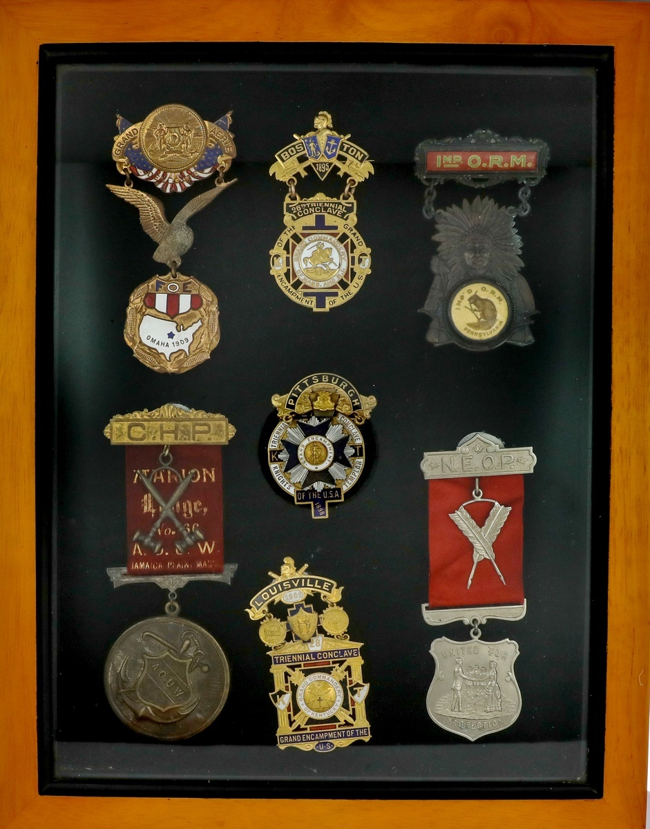 Framed Group of Fraternal badges. Fraternal order of Eagles, Grand ...