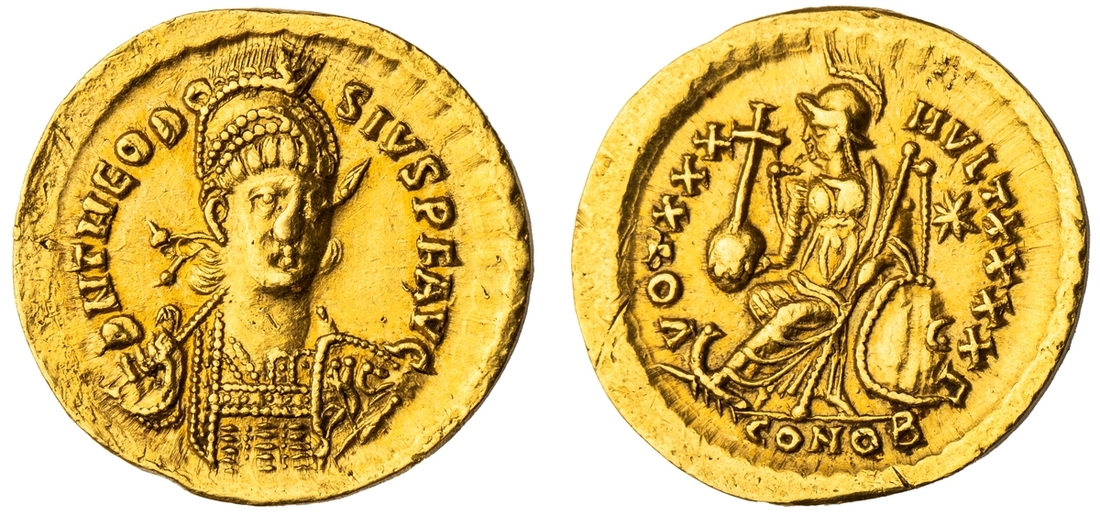 NGC Ch XF | Roman Empire, Theodosius II (AD 402-450), AV Solidus ...
