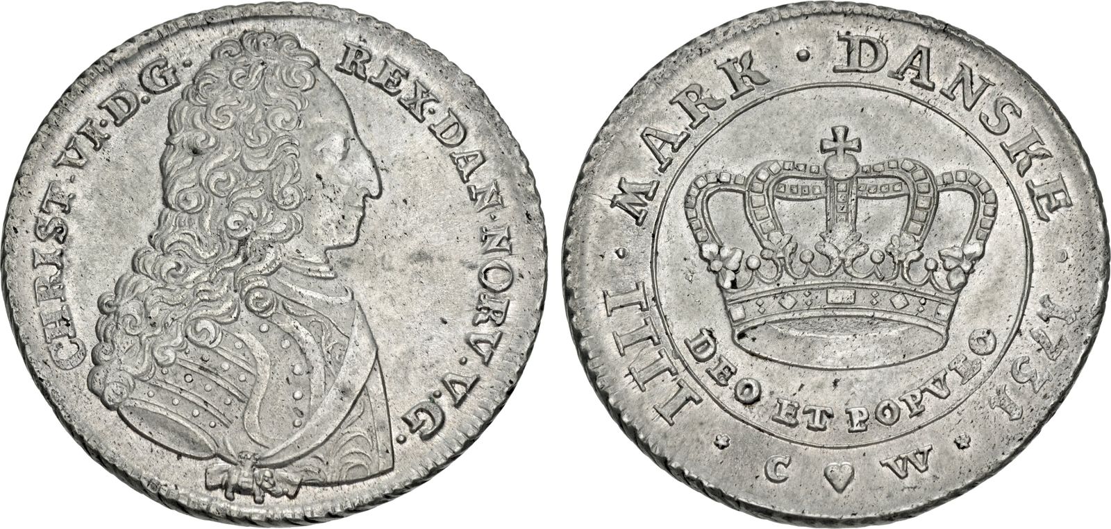 DENMARK. Christian VI. 1730-1746. AR Krone – 4 Mark (40mm, 22.44 g, 12h ...