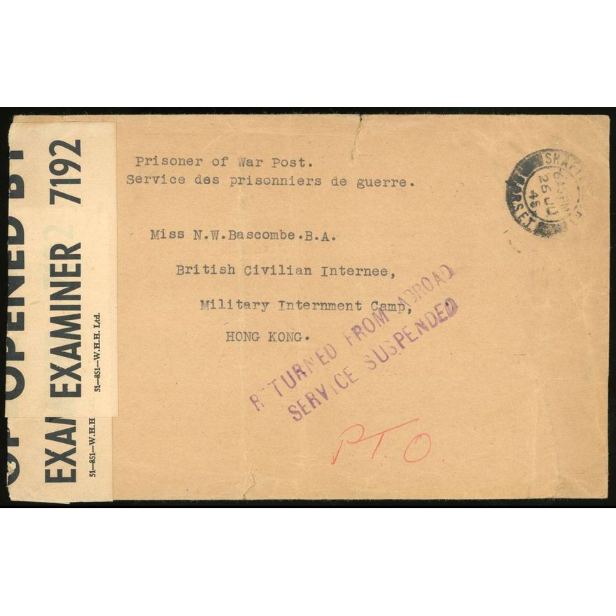 Hong Kong Covers 1945 (26 Ju) stampless envelope written from Dorset ...