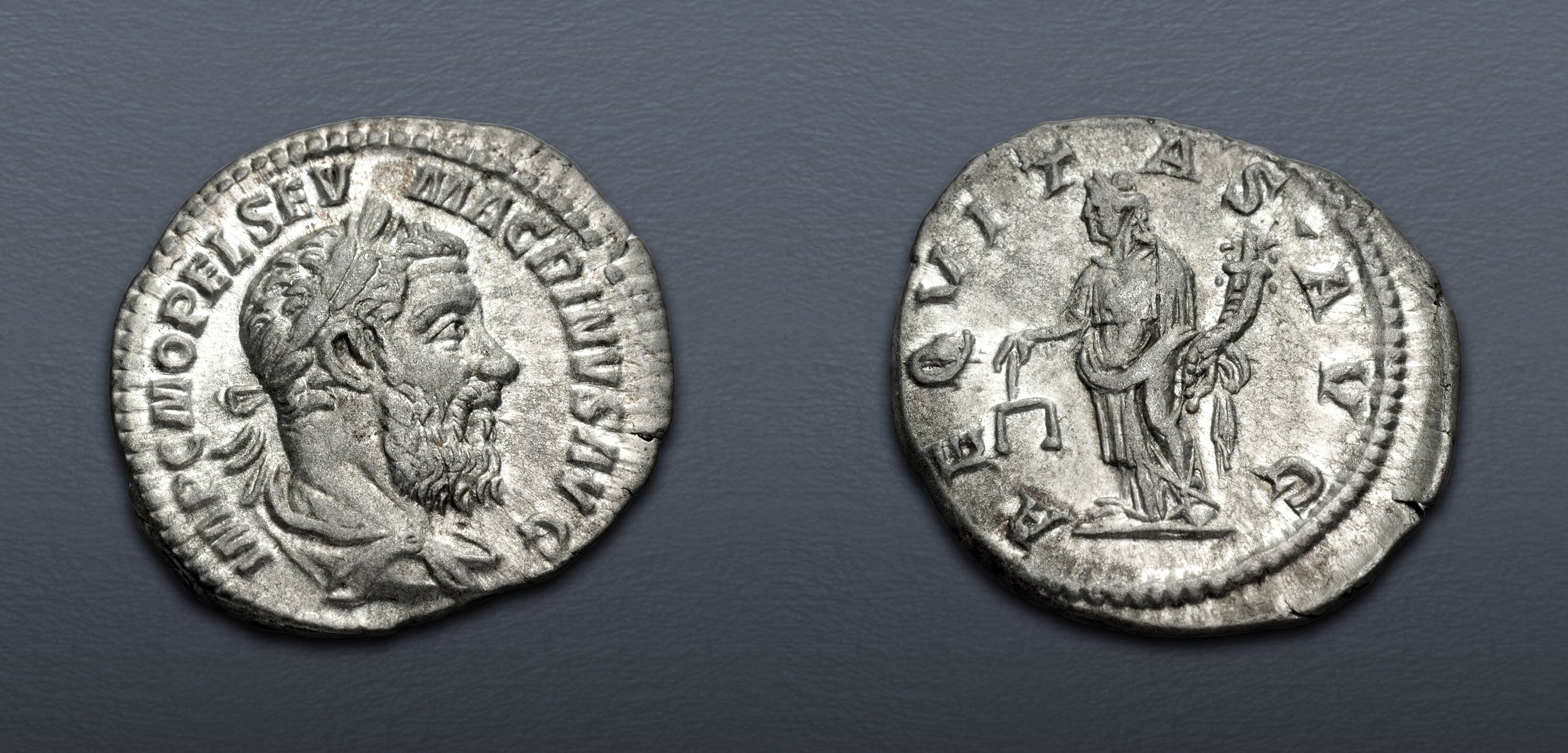 Macrinus. AD 217-218. AR Denarius (19mm, 2.68 g, 6h). Rome mint, 1st officina. 3rd emission, AD ...