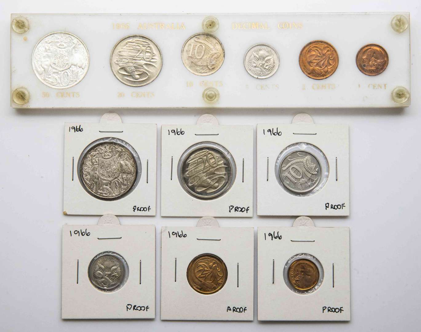 Proof Sets 1966 in individual 2x2s without case, all coins are slightly ...
