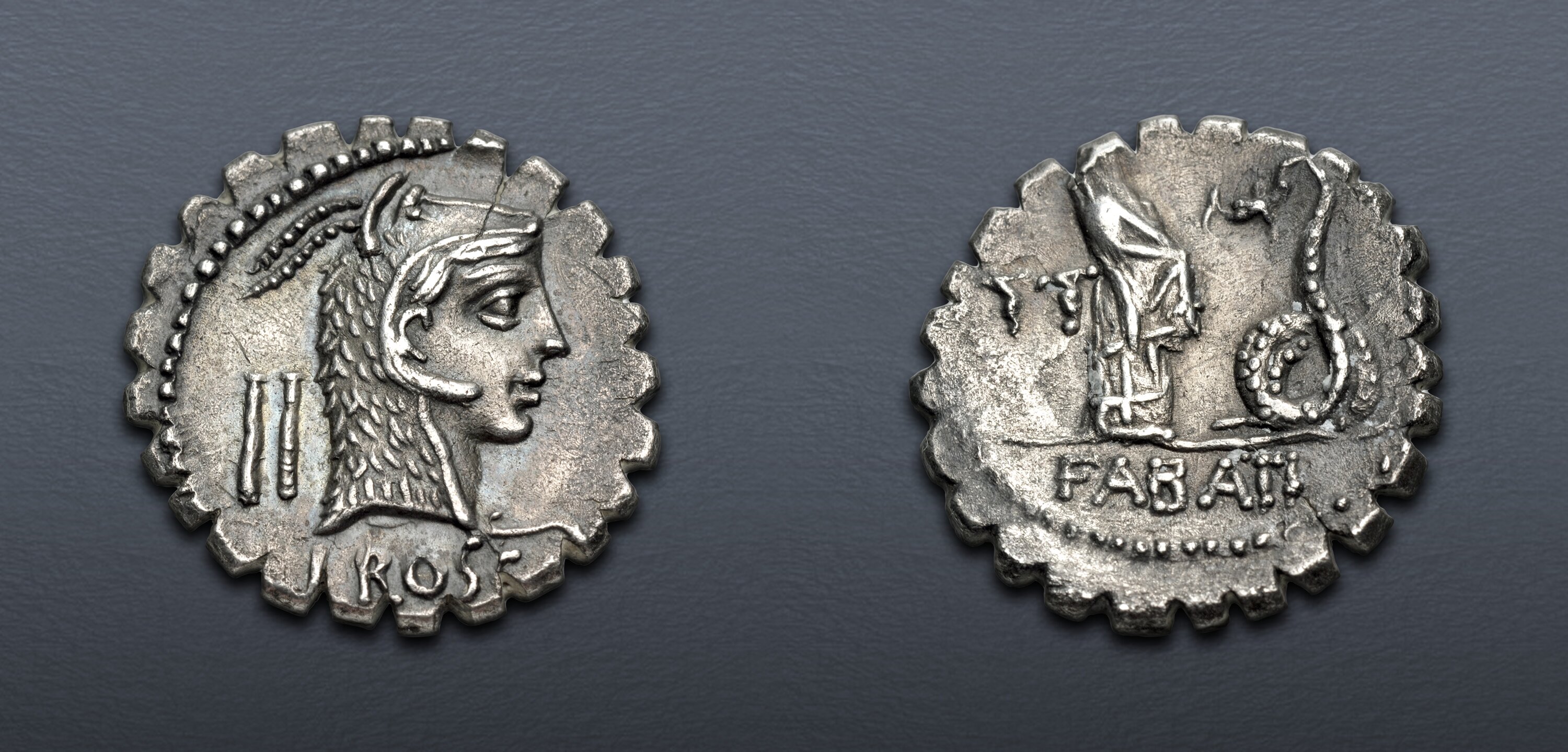 L. Roscius Fabatus. 59 BC. AR Serrate Denarius (18mm, 3.56 g, 6h). Rome ...