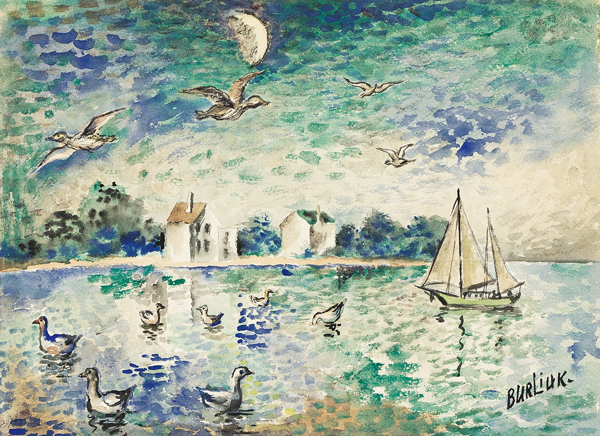 DAVID BURLIUK Moonlit Coastal Scene. | Swann Galleries App