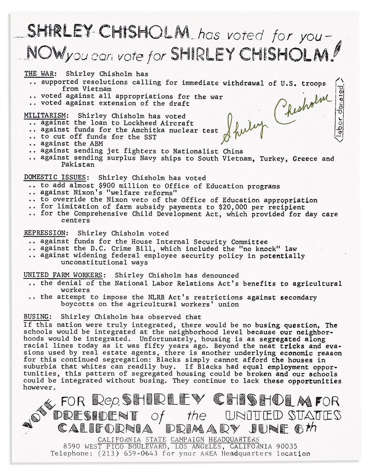 (POLITICS.) Handbill for the California presidential primary, signed by ...