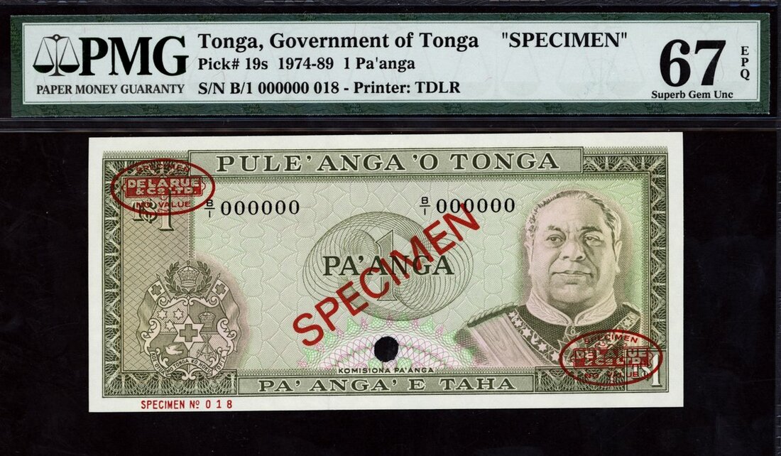 Government of Tonga, specimen 1 Pa'anga, 1974-89, serial number B/1 ...