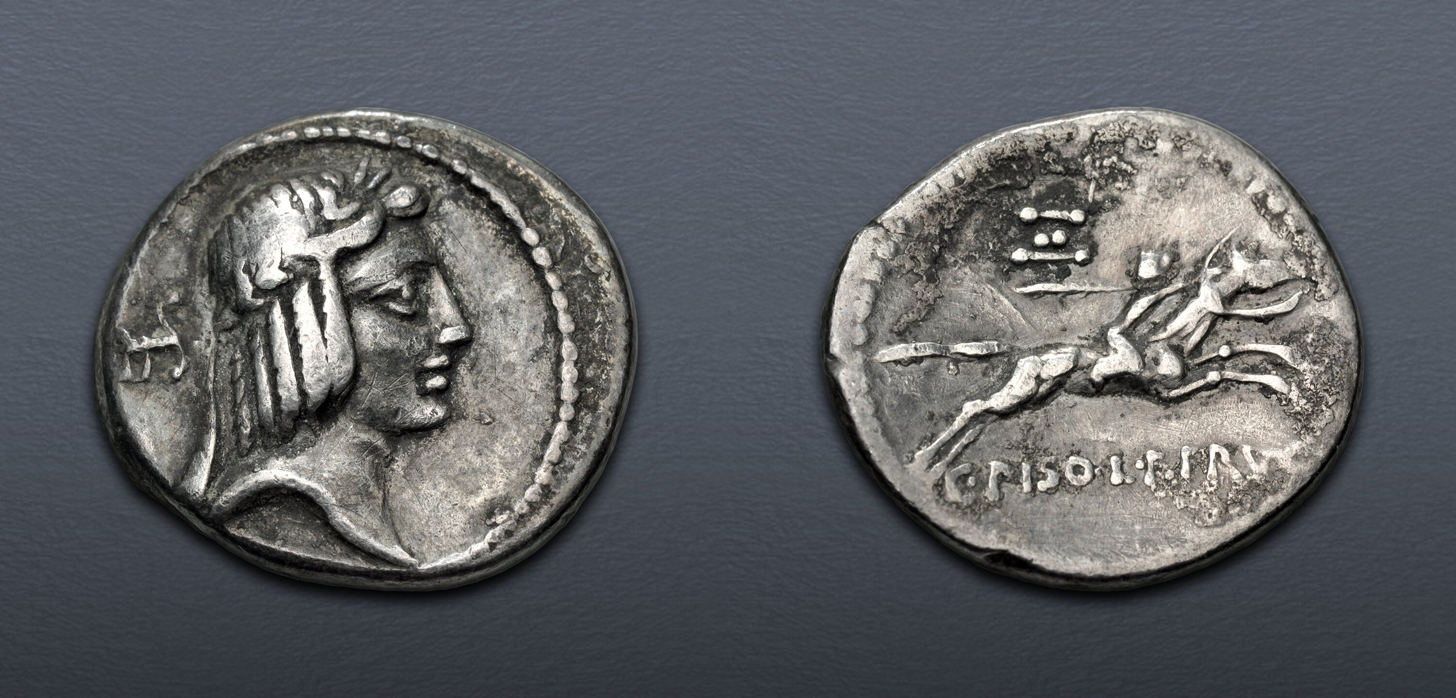 C. Piso L.f. Frugi. 61 BC. AR Denarius (18.5mm, 3.84 g, 6h). Rome mint ...