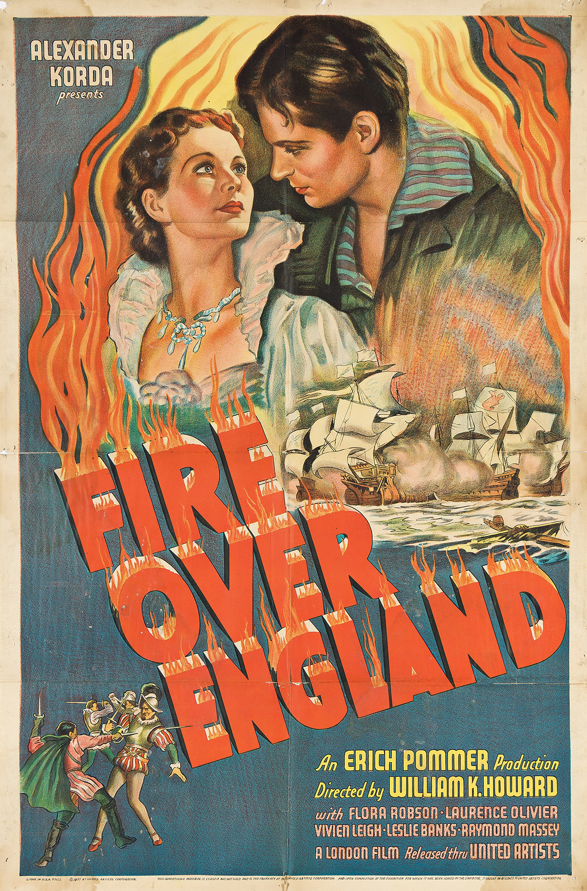 DESIGNER UNKNOWN. FIRE OVER ENGLAND. 1937. 41x27 inches, 104x68½ cm ...