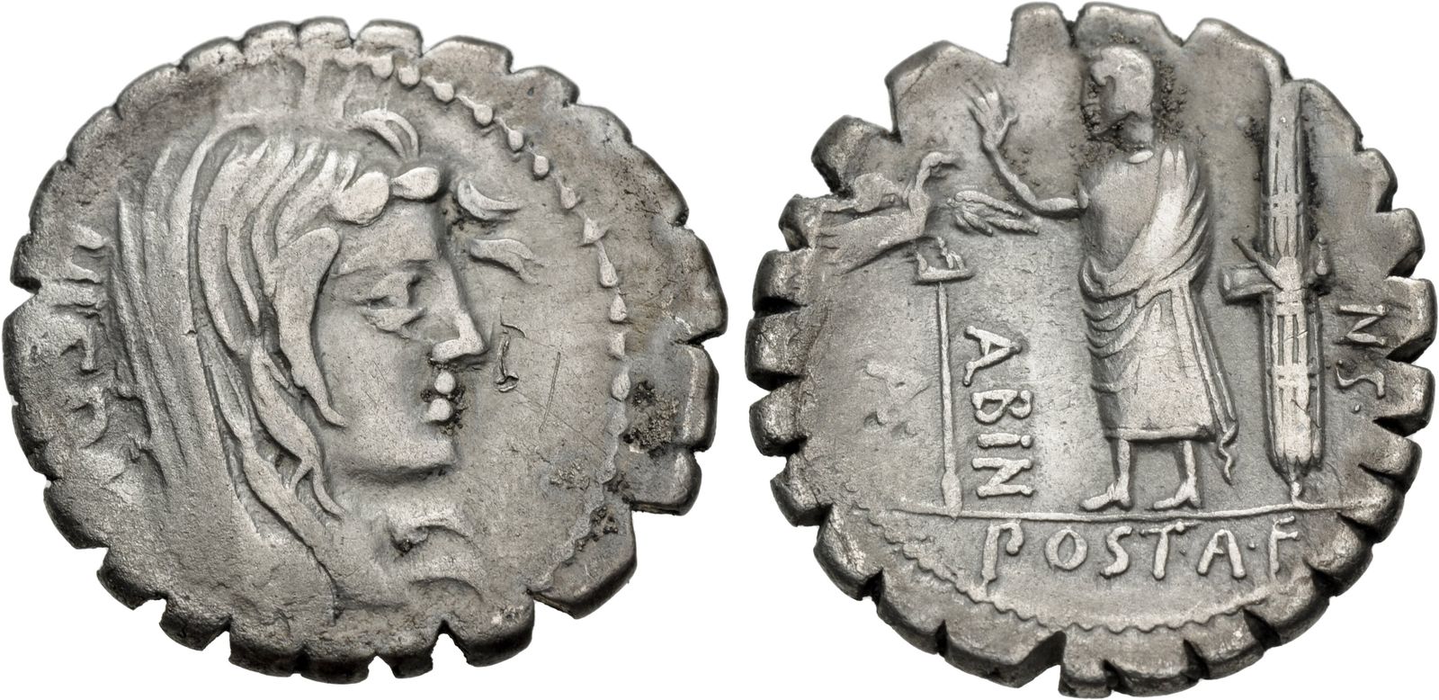 A. Postumius A.f. Sp.n. Albinus. 81 BC. AR Serrate Denarius (19.5mm, 3. ...