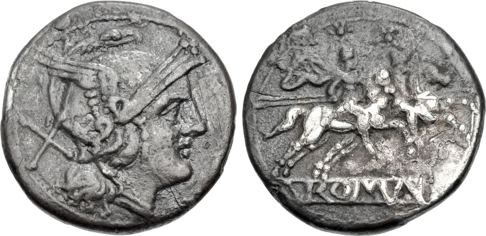 Anonymous. 211-208 BC. AR Denarius (19mm, 4.16 g, 10h). Rome mint. VF ...