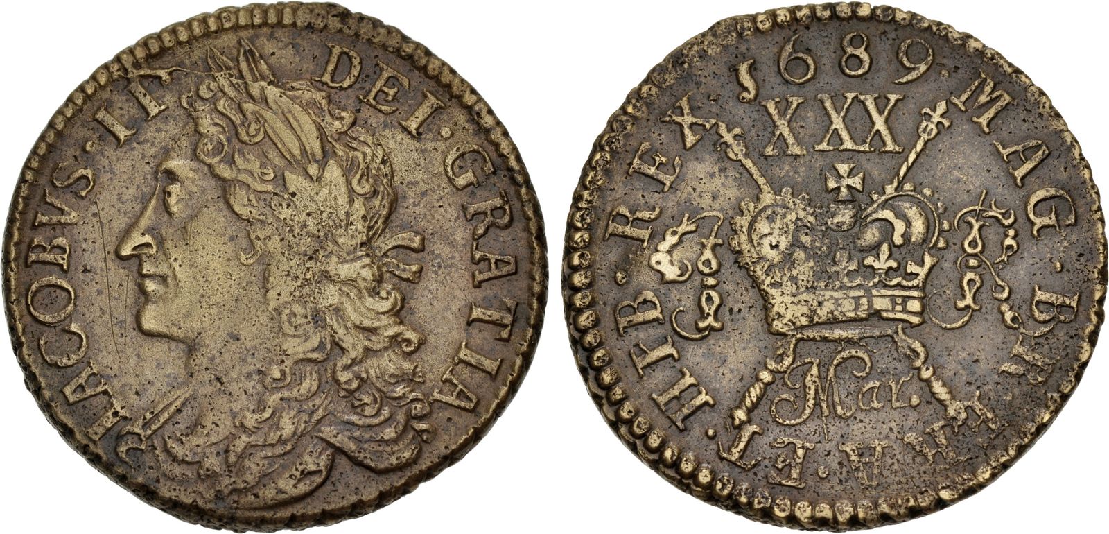 IRELAND. James II. 1685-1691. Æ Halfcrown. ‘Gunmoney’ coinage. Dublin ...