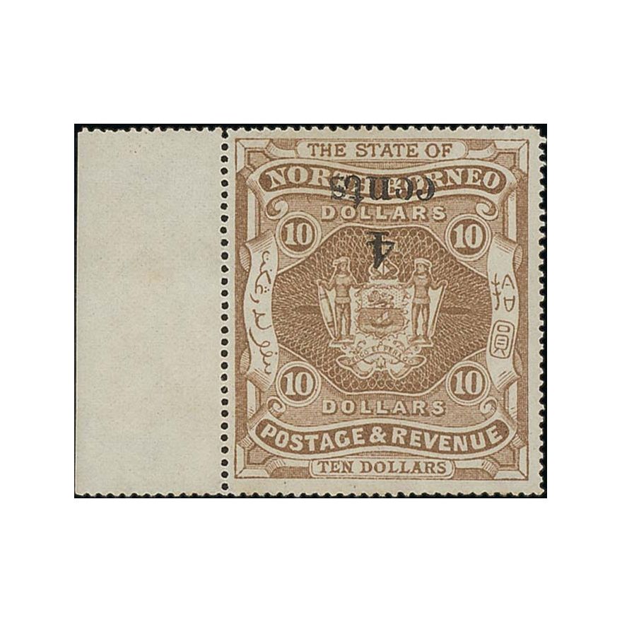 North Borneo 1904-05 '4/cents' on $10 brown, variety inverted surcharge ...