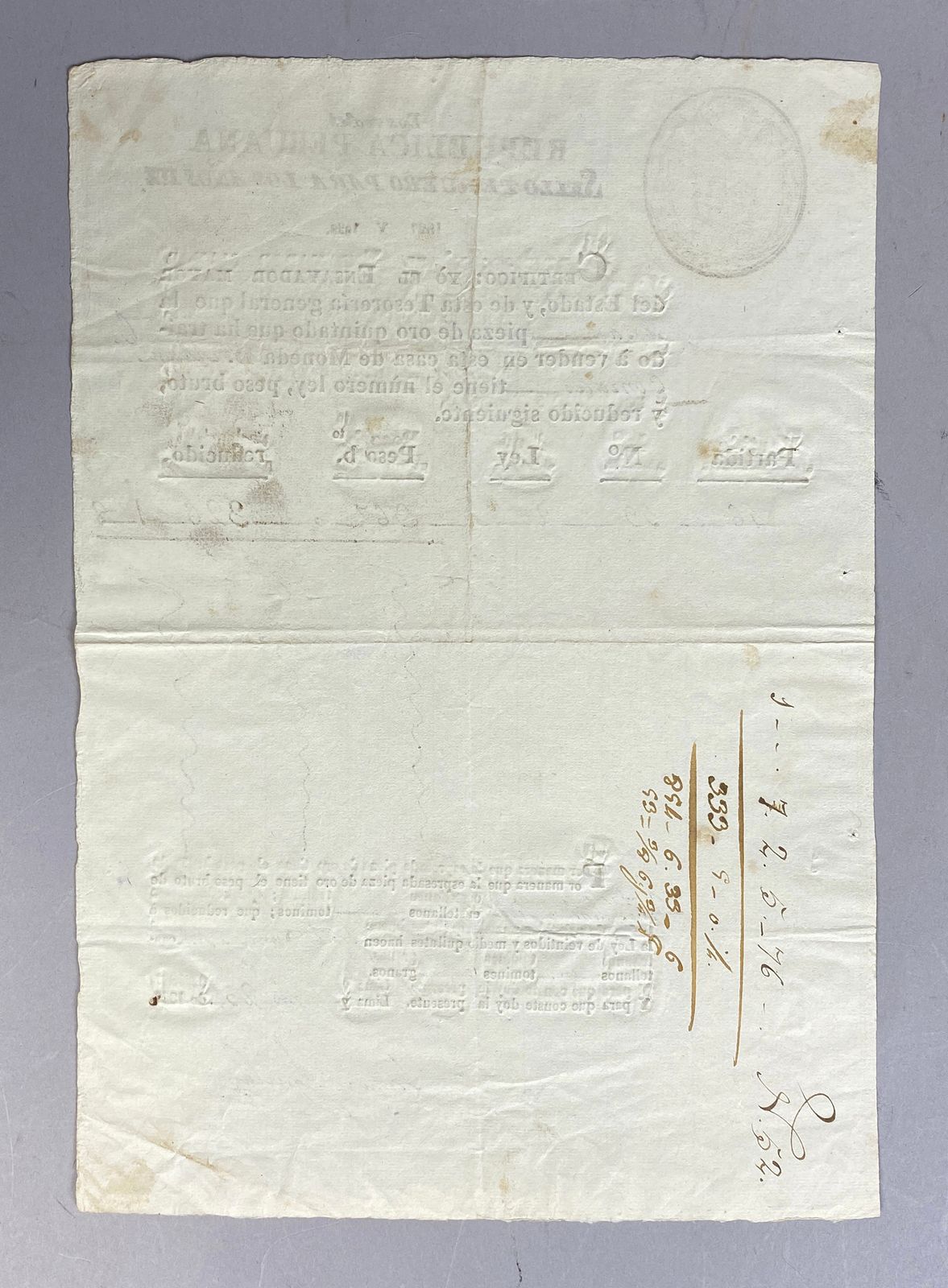 PERU. Certificate of deposit from the Lima mint, dated 25 June 1826 ...