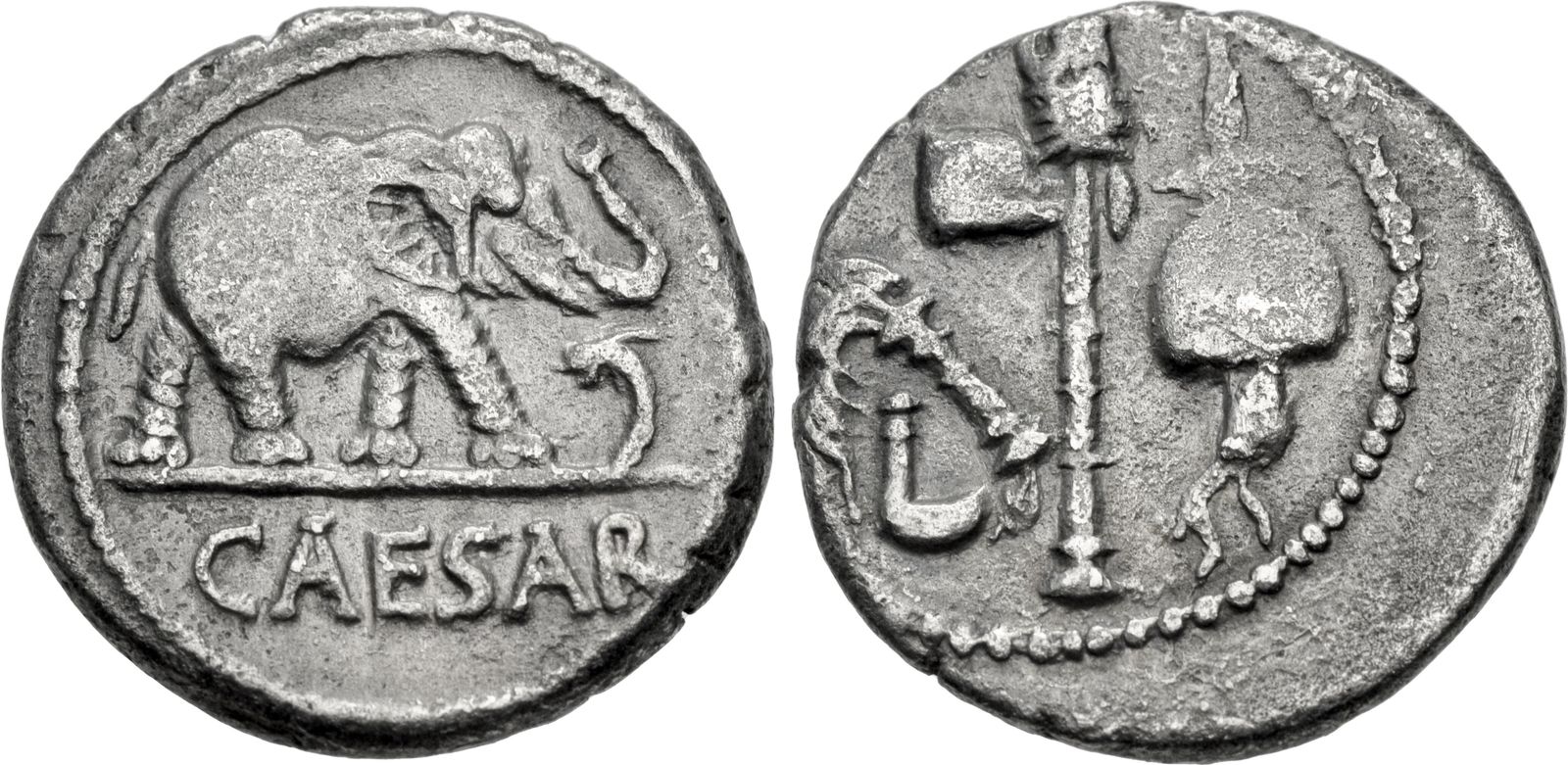 The Caesarians. Julius Caesar. April-August 49 BC. AR Denarius (18mm, 3.78 g, 12h). Military ...