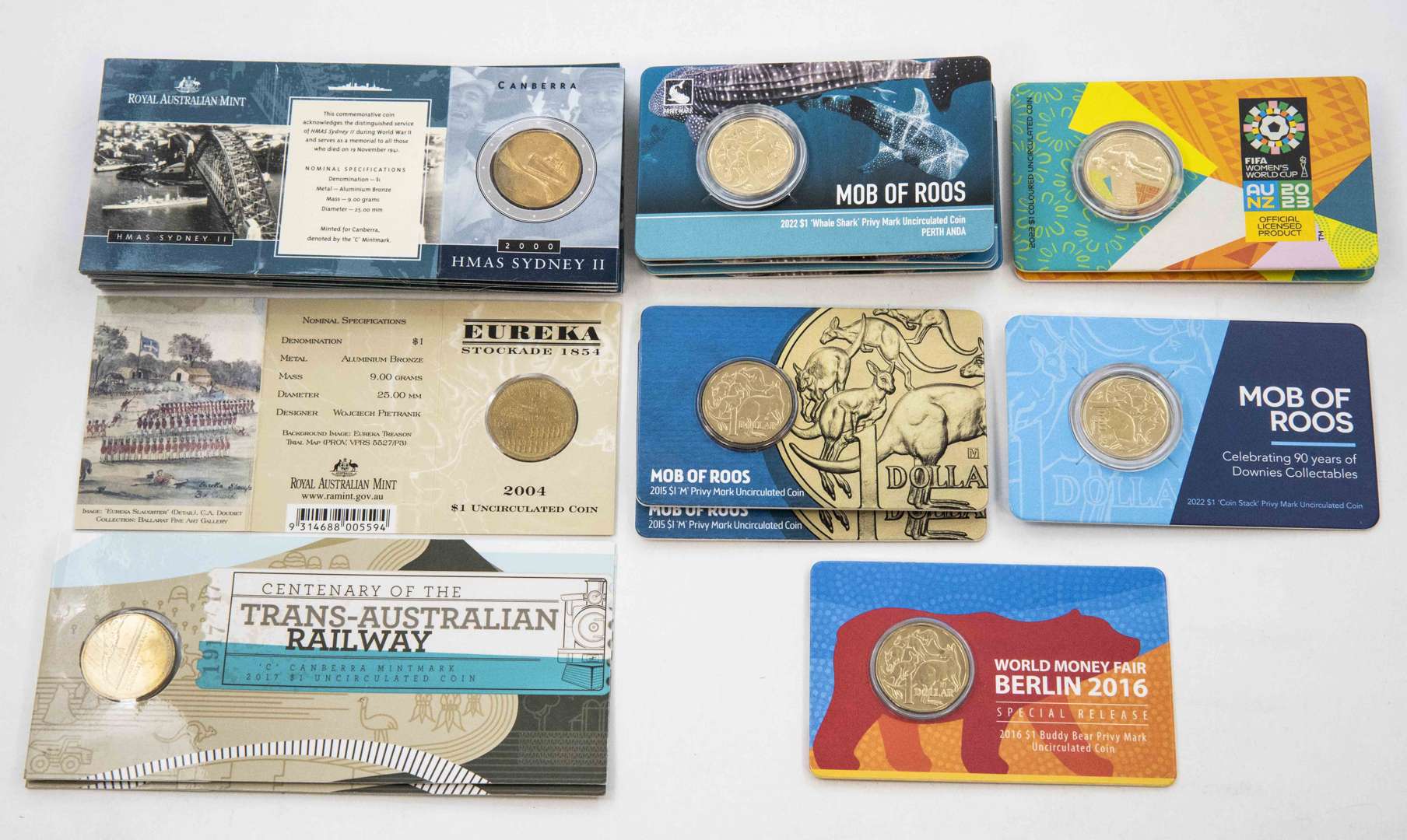 One Dollar 2000C HMAS Sydney (9, some toned), 2004E, 2017C Trans Aust R ...