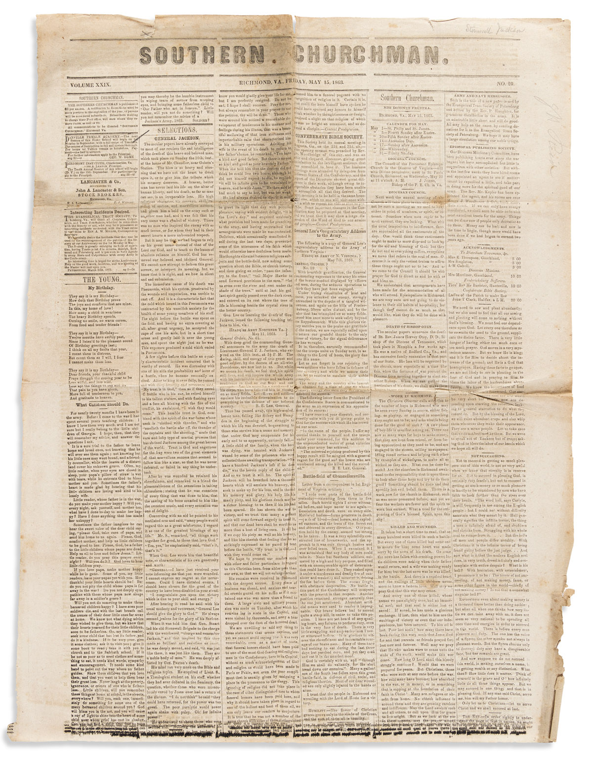 (CIVIL WAR--CONFEDERATE.) Issue of the Southern Churchman reporting on ...