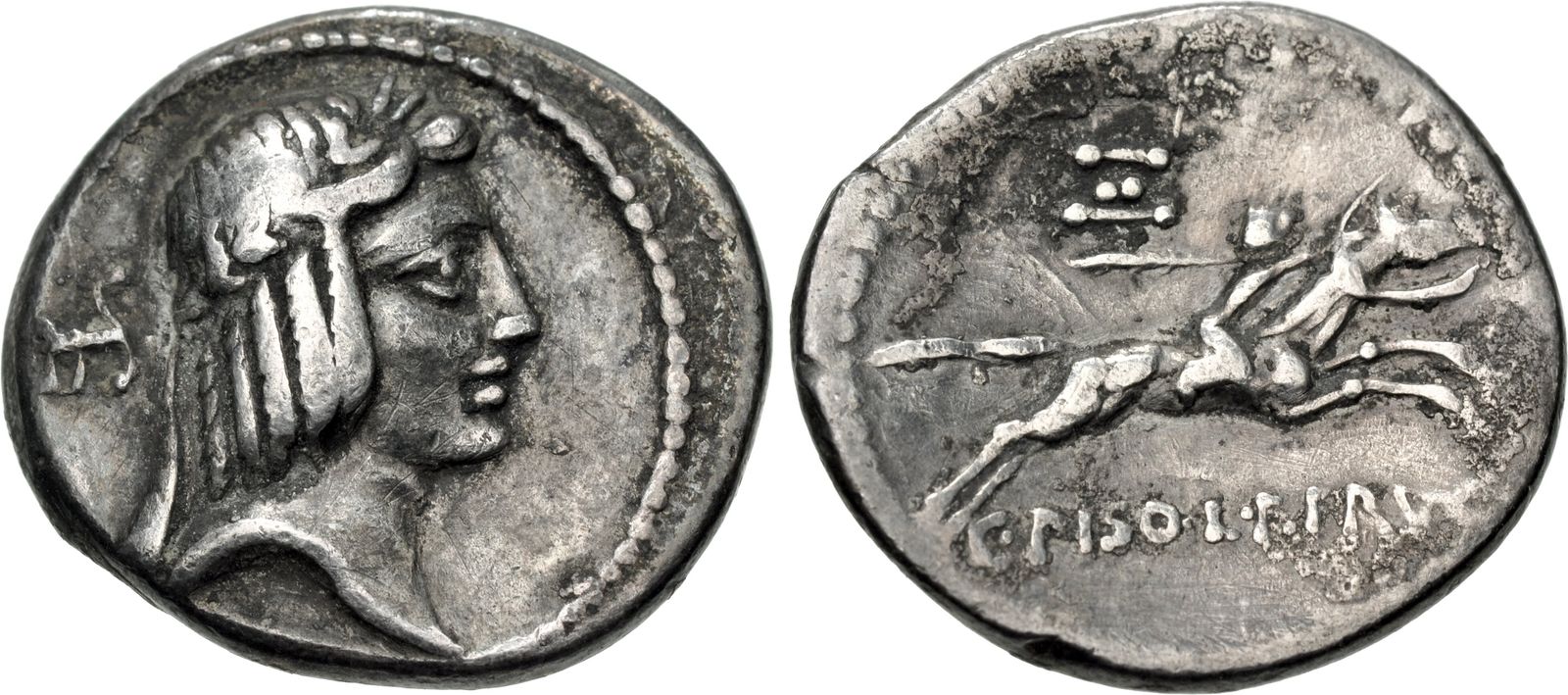 C. Piso L.f. Frugi. 61 BC. AR Denarius (18.5mm, 3.84 g, 6h). Rome mint ...