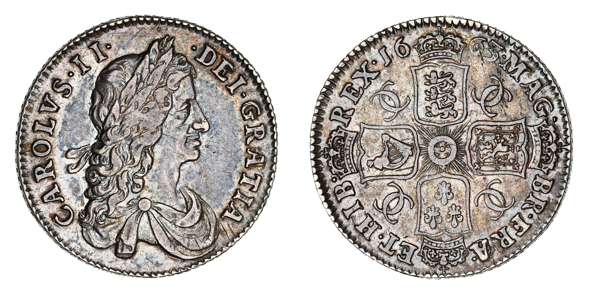 Charles II (1660-1685), Shilling, 1663, A over G, first laureate and ...